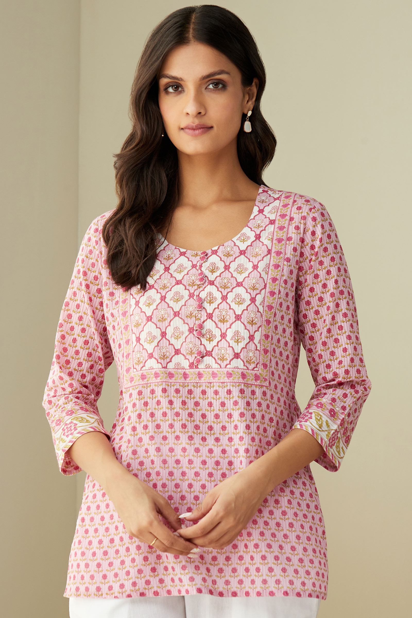 Buy Pink Hand Printed Cotton Dobby Top for Women | FGT24-67 | Farida Gupta