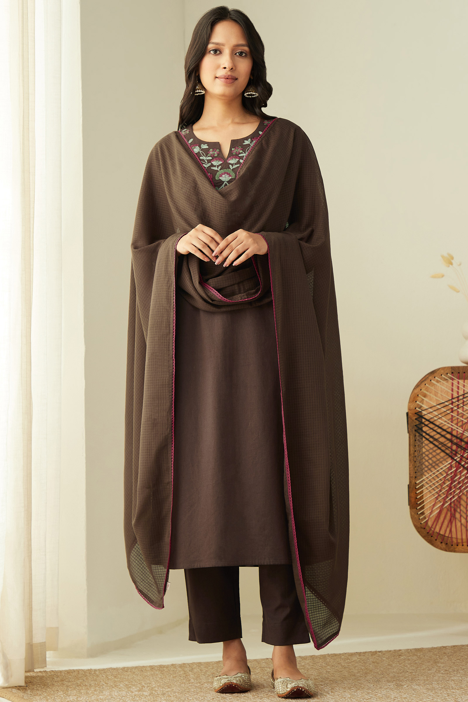 Buy Brown Handcrafted Straight Cotton Flax Kurta for Women | FGMK24-946 ...