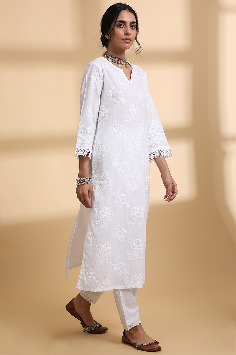 Buy White Handcrafted Straight Cotton Kurta | White Kurta for Women ...