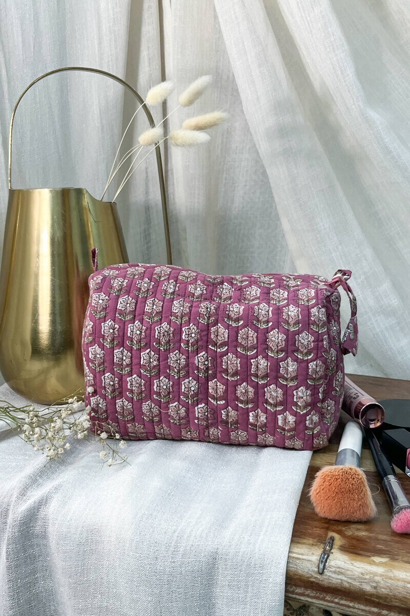 Buy Pink Hand Block-Printed Cotton Vanity Pouch for Accessories ...