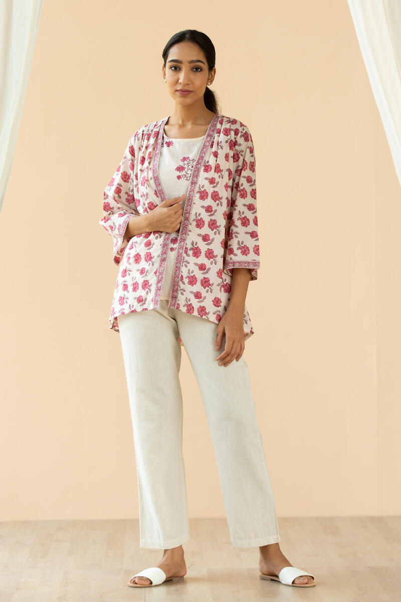 Buy Pink Block Printed Cotton Kimono for Women | FGKO21-02 | Farida Gupta
