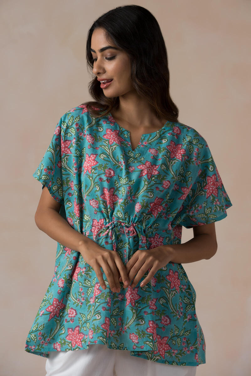 Buy Turquoise Block Printed Cotton Kaftan Top for Women | FGSKF20-15 ...