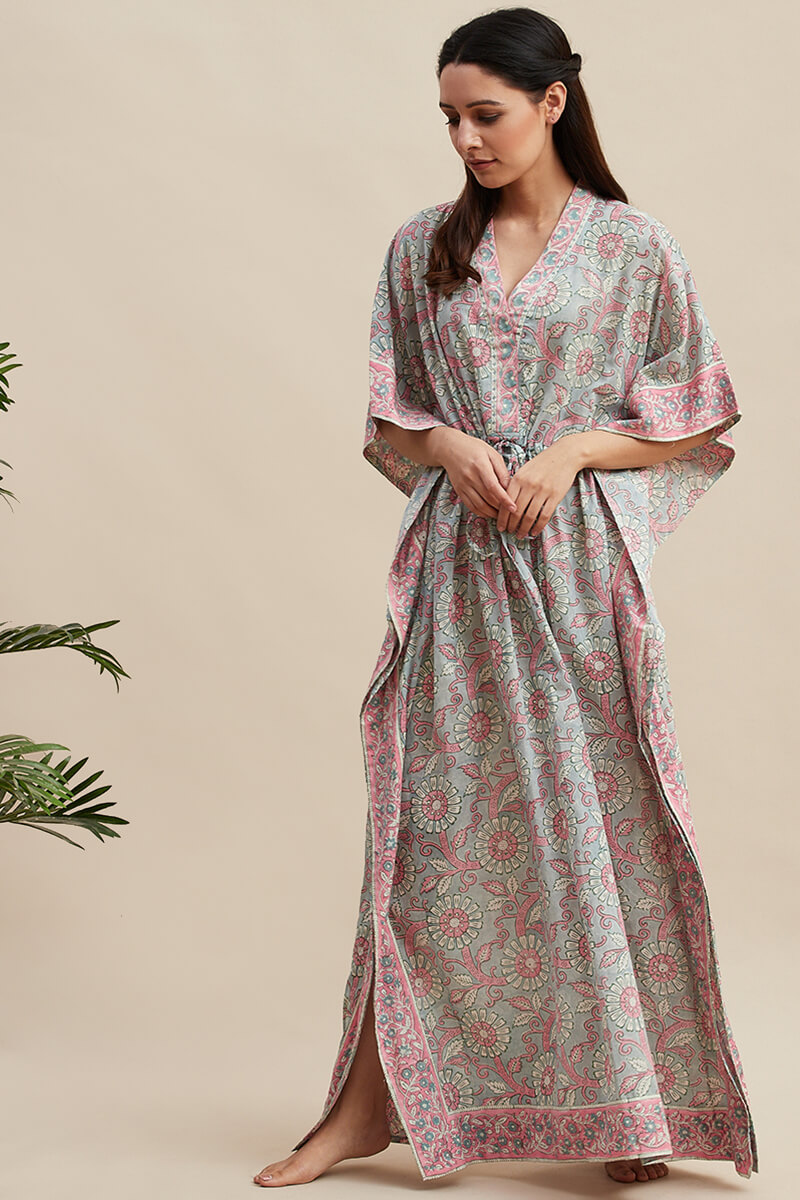 Buy Blue Block Printed Cotton Kaftan | Blue Kaftan for Women | Farida Gupta