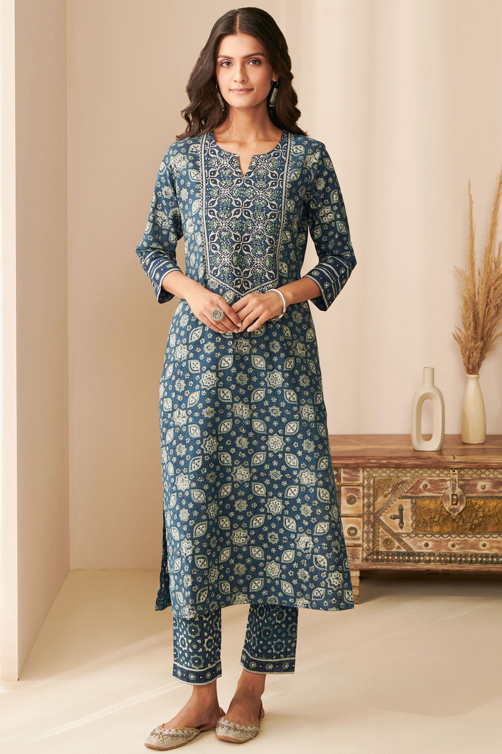 Buy Ajrak Hand Block Printed Straight Cotton Kurta for Women | FGMK22 ...